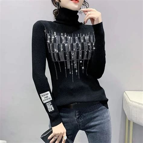 Elegant Korean Slim Diamonds Casual Long Sleeve Turtleneck Knitted Sweater Autumn Winter All