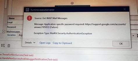 Get Imap Mail Message Activity Application Password Required Studio