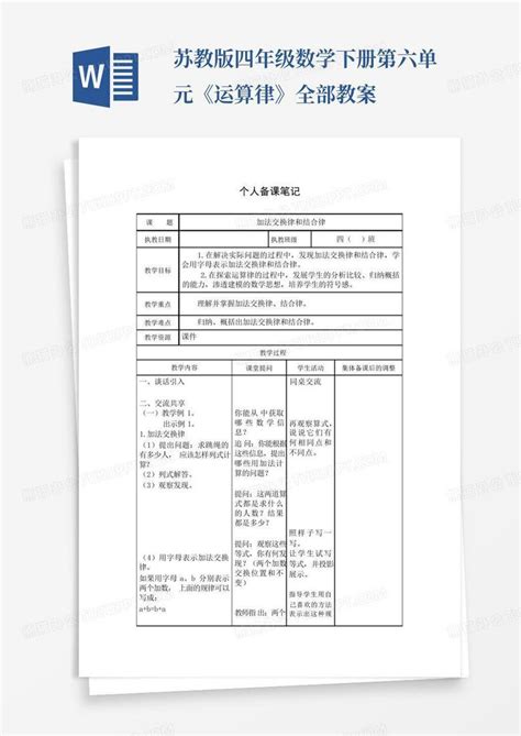 苏教版四年级数学下册第六单元《运算律》全部教案word模板下载编号ljayrnay熊猫办公