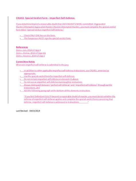 Fillable Online Cr1452 Special Verdict Formimperfect Self Defense Fax