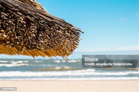 푸른 하늘을 배경으로 바다 바다 해안이 있는 텅 빈 해변에 있는 밀짚 해변 등나무 파라솔 편안한 하루 텍스트를 위한 공간을 복사합니다 목가적인 여행과 여름 휴가 컨셉 밀짚