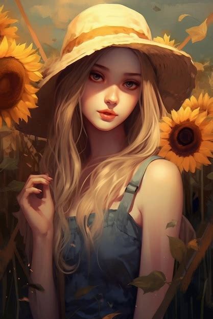Premium Ai Image A Girl In A Hat And A Sunflower