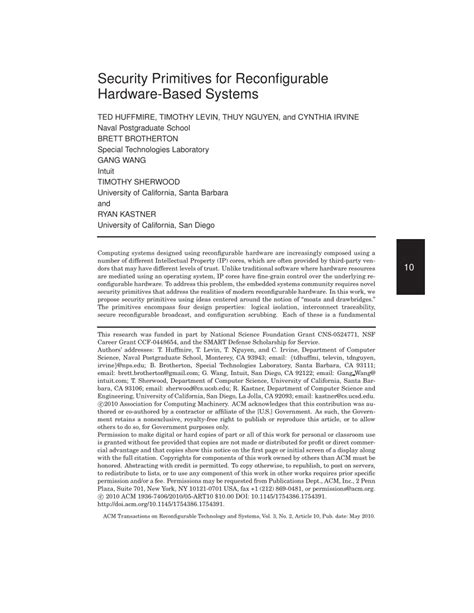 Pdf Security Primitives For Reconfigurable Hardware Based Systems