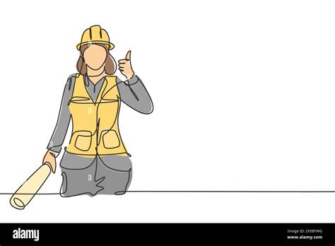 Continuous One Line Drawing Female Architect With A Gesture Of Raising