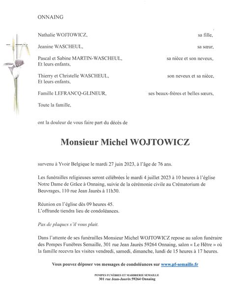 Avis de décès de Michel WOJTOWICZ Pompes funèbres Semaille