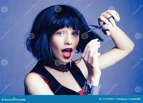 Beautiful Girl With Scissors Barber Scissors And Black Hair Close Up