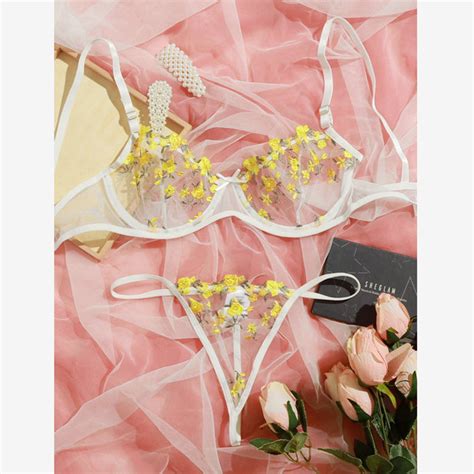 Badu Bg Комплект сутиени с цветя от 2 части Дамски прозрачен сутиен с банели прашки Комплект