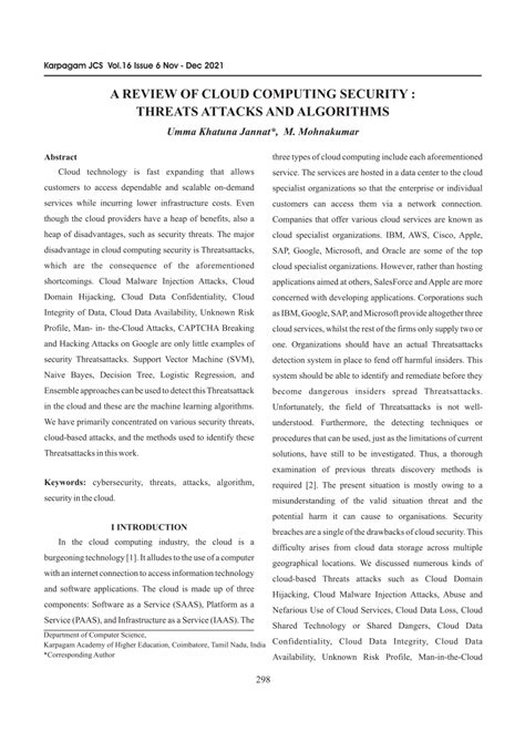 Pdf A Review Of Cloud Computing Security Threats Attacks And Algorithms