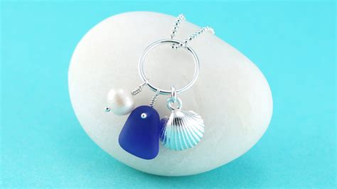 Cobalt Sea Glass Pendant With Pearl And Shell Sterling Silver Free