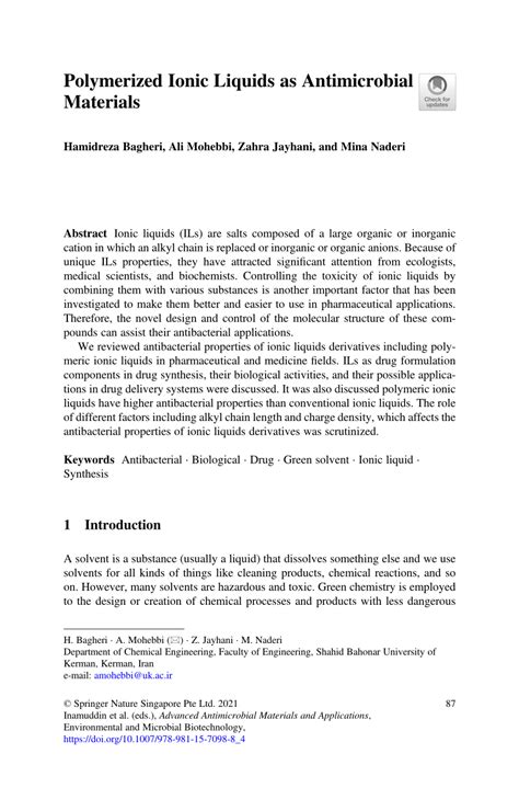 Pdf Polymerized Ionic Liquids As Antimicrobial Materials