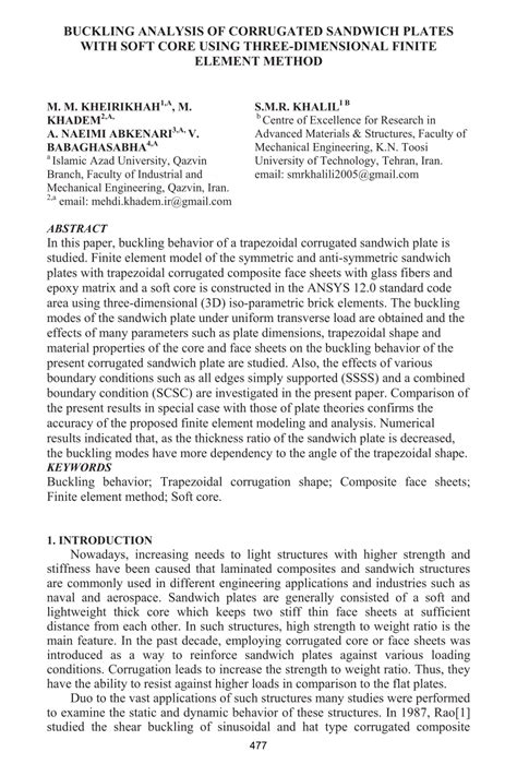 Pdf Buckling Analysis Of Corrugated Sandwich Plates With Soft Core Using Three Dimensional