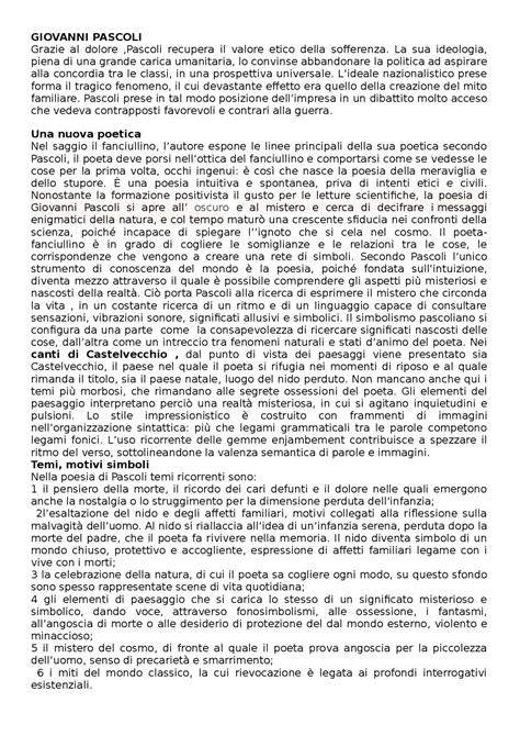 Riassunto Per Esami Maturità Quinto Anno Giovanni Pascoli Docsity