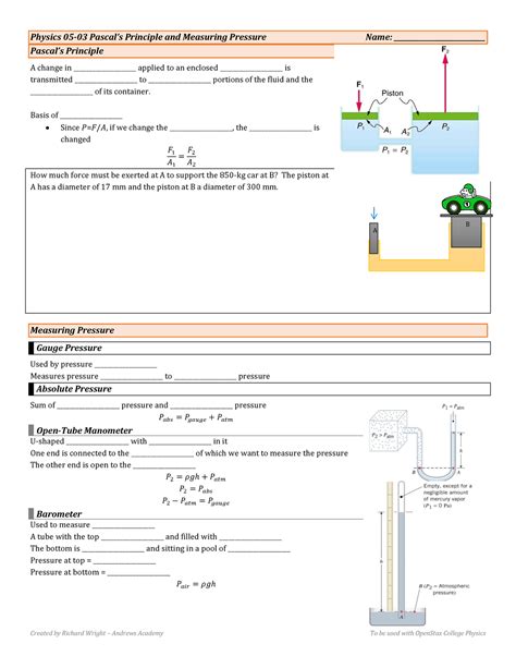 Physics 05 03 Pascals Principle And Measuring Pressure Basis Of