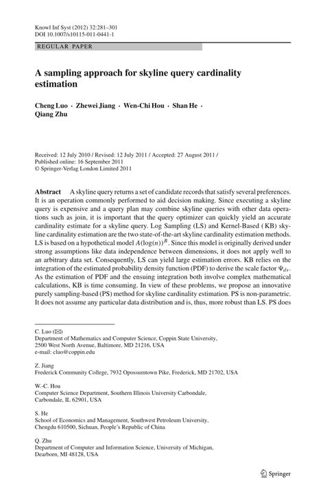 Pdf A Sampling Approach For Skyline Query Cardinality Estimation