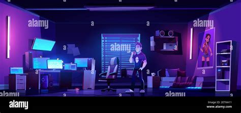Teenager Drinks Coffee In Bedroom With Workspace Of Gamer Programmer Or Hacker At Night Vector