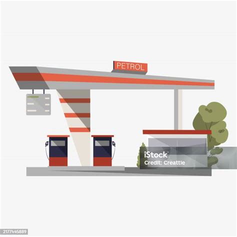 펌프와 캐노피가 있는 주유소는 연료 보급 교통 인프라 및 도로변 서비스를 상징하는 평면 벡터 그림으로 흰색 배경에 고립되어