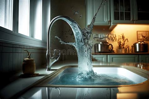 Water Flows From Tap And Forms Large High Splash In Kitchen Sink Stock
