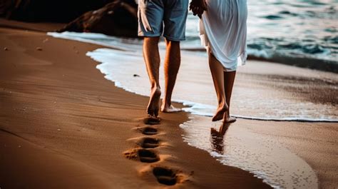 Couple Holding Hands And Walking Barefoot Along The Shore Enjoy A