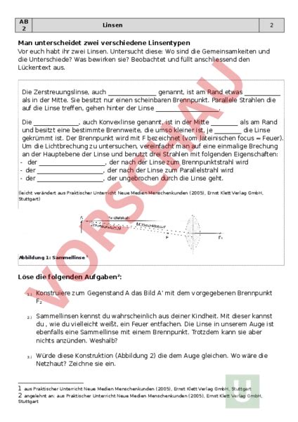 Arbeitsblatt Linsen Physik Optik