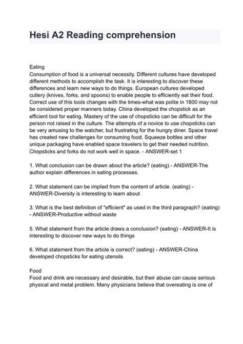 Hesi A Reading Comprehension COMPLETE ANSWERS Hesi A Reading