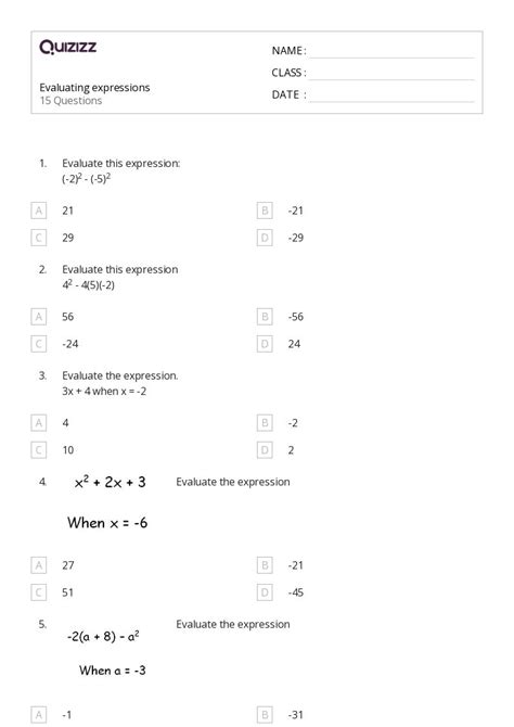 Evaluating Expressions Worksheets For Th Class On Quizizz Free