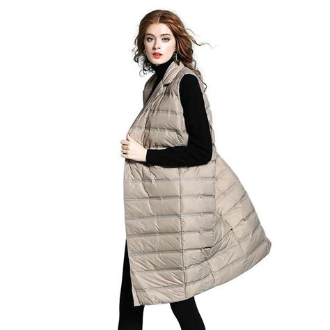 Women S Long Vest Ultra Light Down Sleeveless Turn Down Collar Single