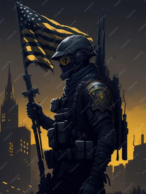Premium Ai Image A Soldier Holding A Flag In Front Of A Cityscape