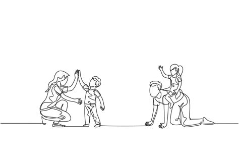 Desenho De Linha única Contínua De Jovem Mãe E Pai Brincando Com Seus