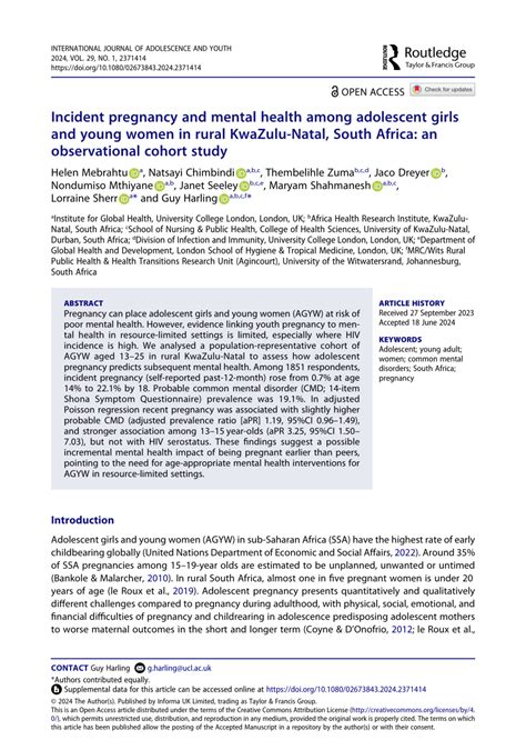 Pdf Incident Pregnancy And Mental Health Among Adolescent Girls And