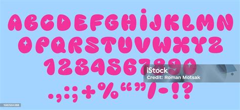 장난기 넘치는 90년대와 Y2k 스타일의 핑크 버블 글꼴 대문자 숫자 푹신한 만화 디자인의 기호 벡터 일러스트레이션 컴퓨터 글자에 대한 스톡 벡터 아트 및 기타 이미지