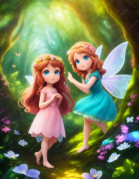 Premium Photo A Cartoon Picture Of Two Little Fairies In A Forest