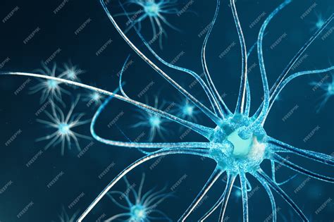 빛나는 링크 노트와 뉴런 세포의 개념적 그림 초점 효과와 함께 뇌의 뉴런 전기 화학 신호를 보내는 시냅스 및 뉴런 세포