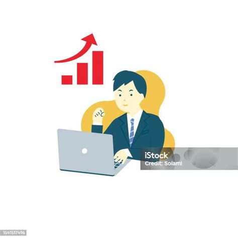 그래프가 올라가는 것을 보고 기뻐하는 남자 직장 사무실 공연에 대한 스톡 벡터 아트 및 기타 이미지 공연 귀여운 그래프
