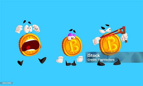 재미있는 비트 코인 문자의 세트 다양한 얼굴 표현 만화 벡터 일러스트와 암호 화폐 가공의 인물에 대한 스톡 벡터 아트 및 기타