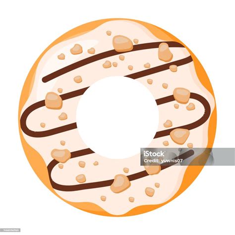 음식에 견과류와 화이트 초콜릿이 있는 만화 도넛 애니메이션 벡터 일러스트 레이 션 건강에 좋지 않은 음식에 대한 스톡 벡터 아트 및 기타 이미지 건강에 좋지 않은 음식