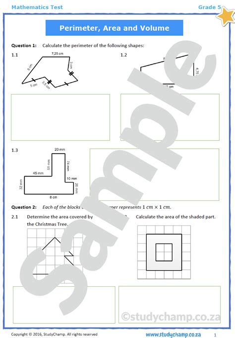 Grade 5 Mathematics Test Perimeter Area And Volume