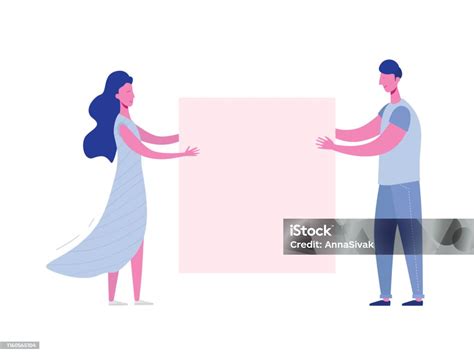 청녀와 남자가 함께 서서 빈 깃발을 들고 있는 무리 퍼레이드 나 항의에 참여하는 사람들 남성과 여성 운동가 플랫 만화 다채로운