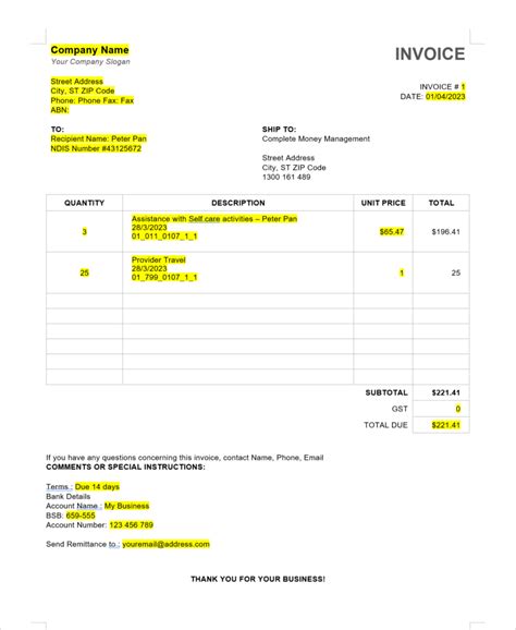 Ndis Invoice Template Complete Money Management