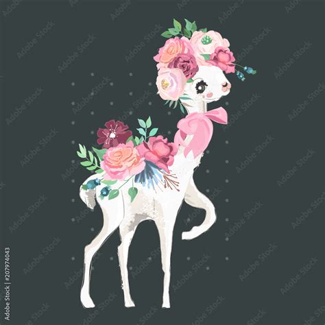 Beautiful Llama Alpaca With Flowers Floral Crown Bouquet And Tied