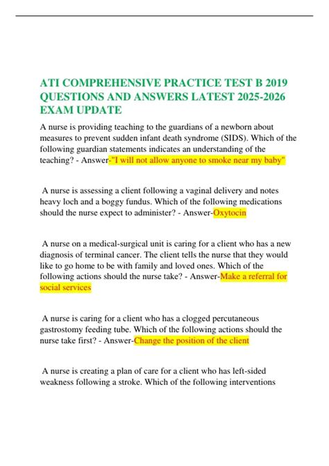 Ati Comprehensive Practice Test B 2019 Questions And Answers Latest