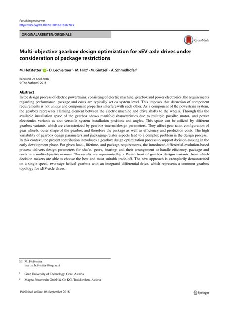 Pdf Multi Objective Gearbox Design Optimization For Xev Axle Drives Under Consideration Of