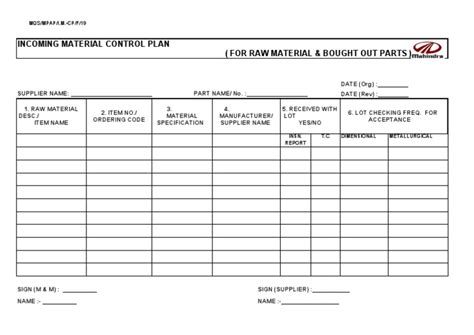 Incoming Material Control Planxls
