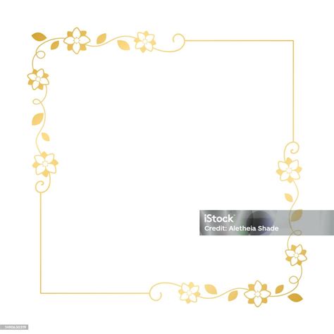 골드 꽃무늬 스퀘어 프레임 우아한 선 테두리 나뭇잎과 꽃 청첩장과 카드 로고 디자인과 포스터 템플릿 간단한 미니멀 스타일 식물 벡터 아트 0명에 대한 스톡 벡터 아트 및
