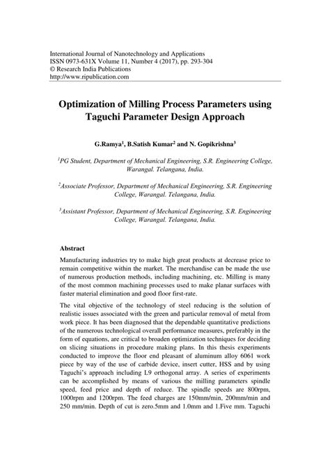 Pdf Optimization Of Milling Process Parameters Using Taguchi