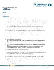 Itech 2004 10 Lab Docx ITECH 2004 DATA MODELLING Lab 10 Topic