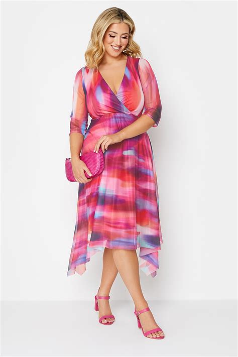 Yours London Plus Size Pink Abstract Print Mesh Wrap Dress Yours Clothing