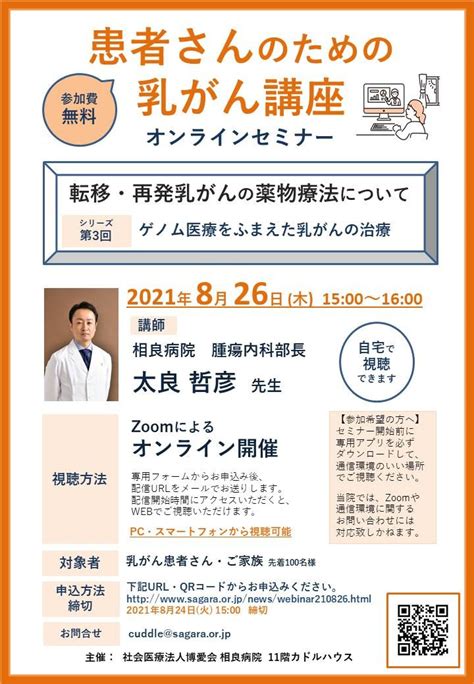 【終了】826木 患者さんのための乳がん講座 オンラインセミナー 患者さんへのお知らせ 鹿児島 相良病院 乳がん 乳腺科