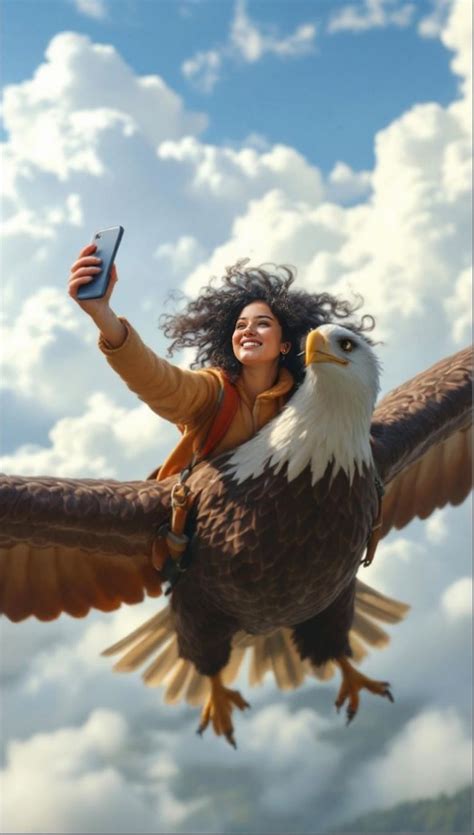 A Woman Is Flying In The Sky In A Giant Eagle She Is Taking Selfies