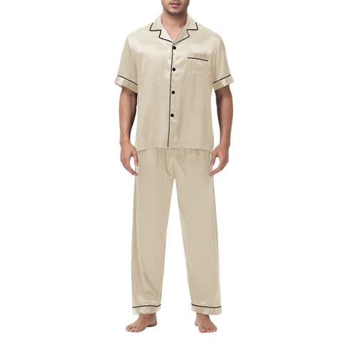 Awdenio Mens Satin Silky Pajama Set Short Sleeve Classic Sleepwear