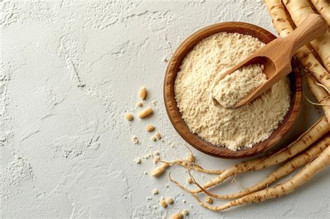 Premium Photo Indian Ginseng Powder In A Bowl With A White Backdrop Visible From Above Space